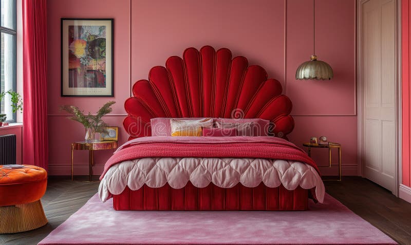 Stylish Pink Bedroom with Shell-shaped Headboard and Modern Decor ...