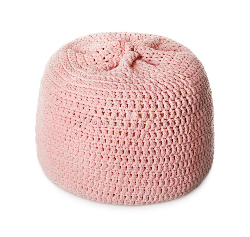 Stylish Pink Knitted Pouf Isolated on White Stock Photo - Image of ...