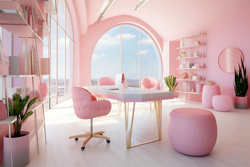 Stylish Pink Office with Large Windows Illuminated by Bright Sunlight ...