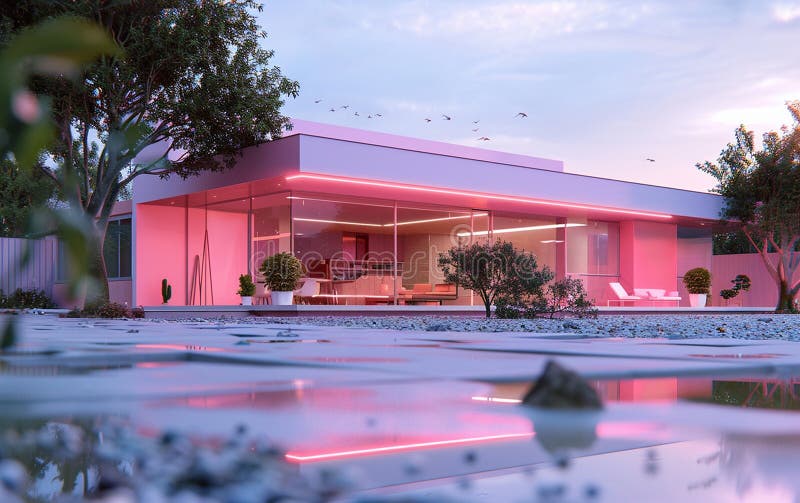 Stylish Pink Single-Story Modern Home -Generative Ai Stock Photo ...