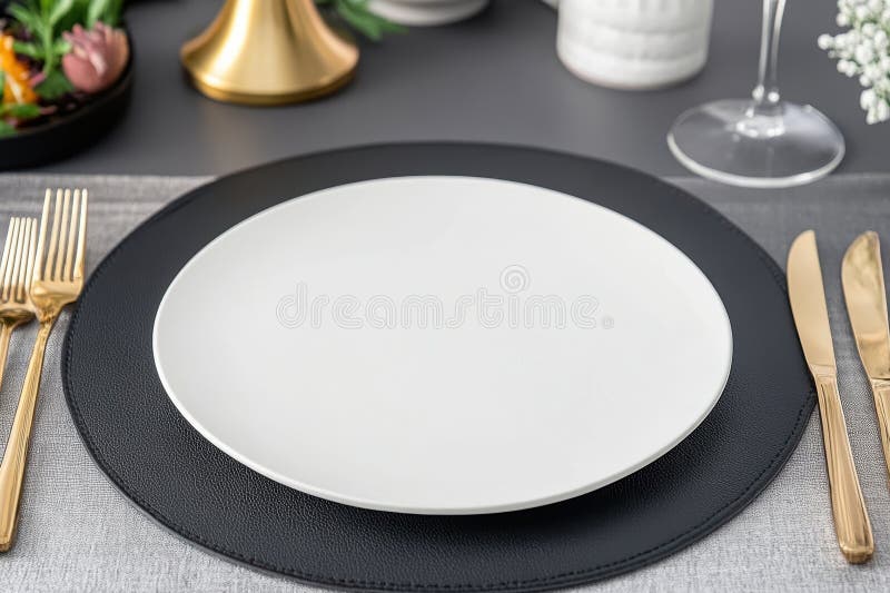 A Stylish Plate with a Black Rim Accompanied by a Gold Fork and Knife ...