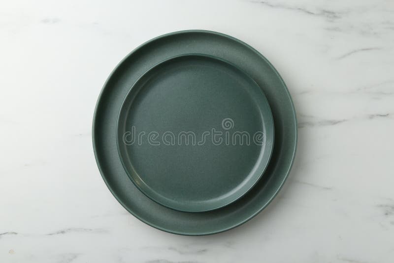 Stylish Plates on White Marble Table, Top View Stock Photo - Image of ...