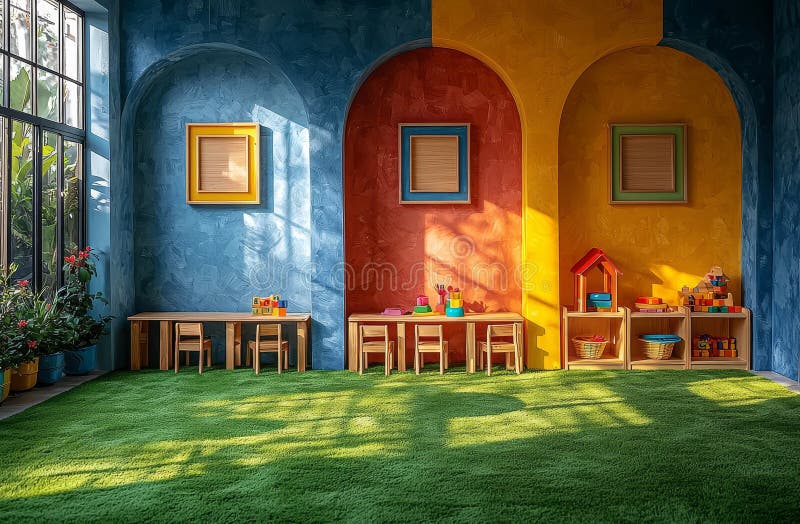Stylish Playroom with a Table, Stools, and Green Carpet Stock Image ...