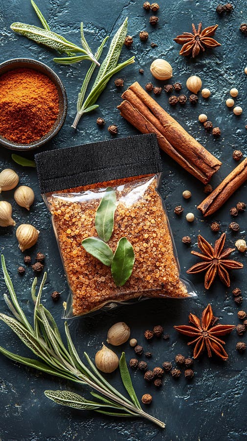 Stylish Pouch Packaging Arranged with Fresh Herbs and Aromatic Spices ...