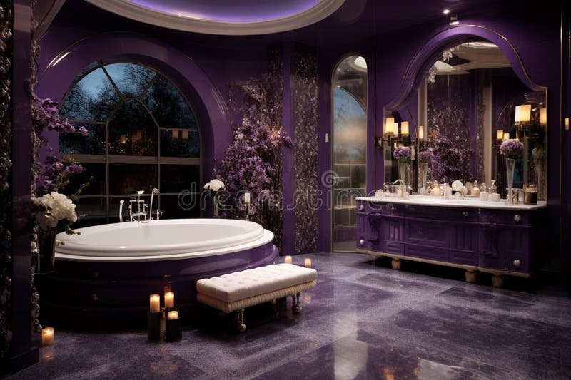 Stylish Purple Luxury Bathroom with Big Open Space Stock Illustration ...