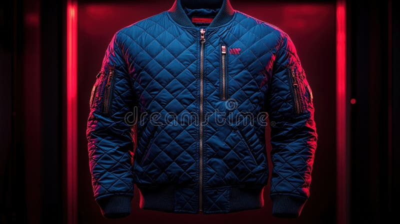 Stylish Quilted Blue Jacket on Display with Dramatic Red and Black ...