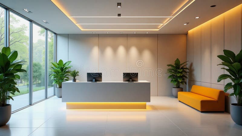 Modern Office Reception Area with Plants and Sleek Design Stock ...