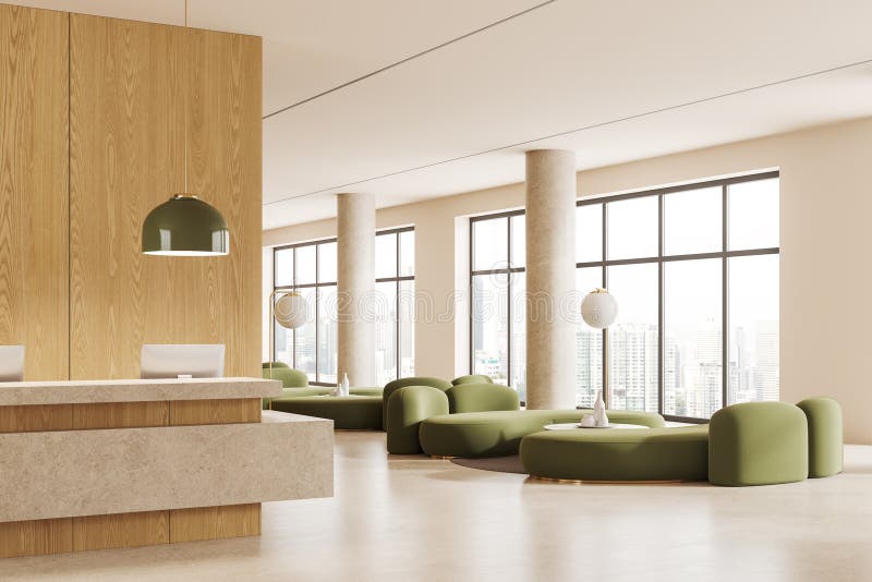 Stylish Reception Interior Pc Computers and Panoramic Window, Mock Up ...