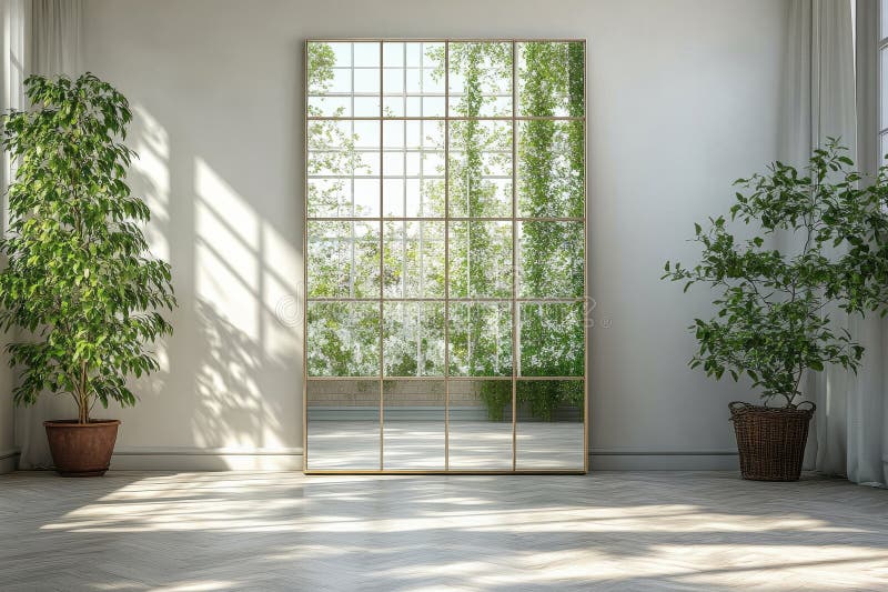 Stylish Rectangular Floor Mirror Reflecting Greenery in a Bright Room ...