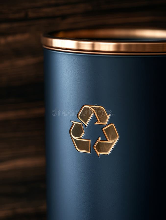 Stylish Recycle Bin with Gold Trim on Wooden Backdrop. Stock Photo ...