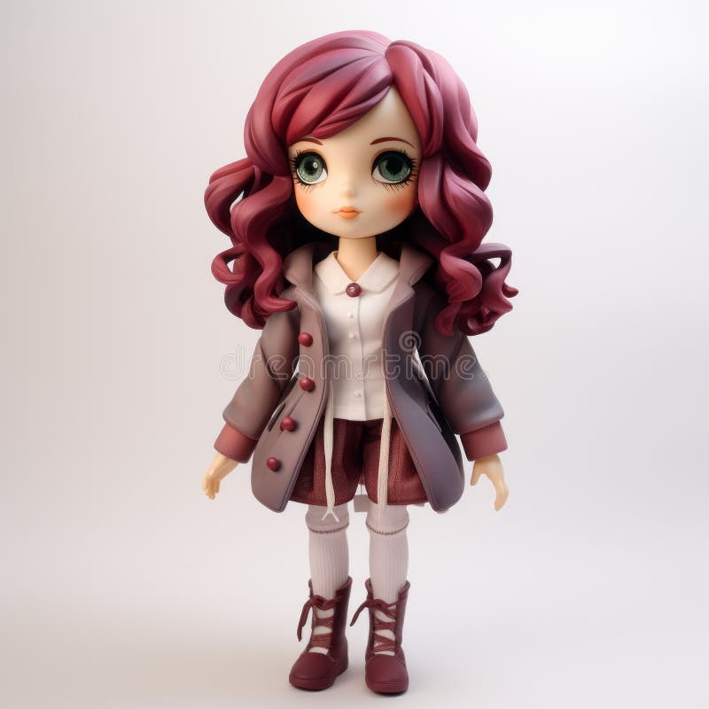 Stylish Red Head Doll 3d Model Dark Magenta And Beige Vinyl Toy Stock