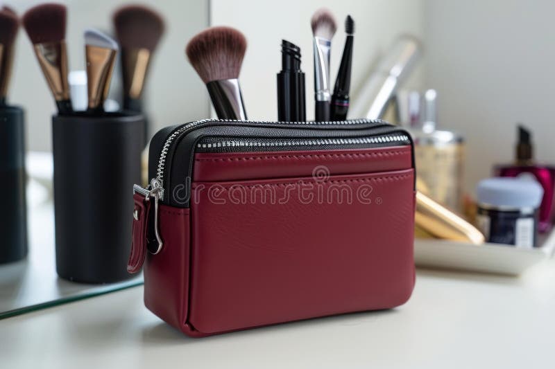 Stylish Red Leather Cosmetic Bag on Vanity Table Stock Photo - Image of ...