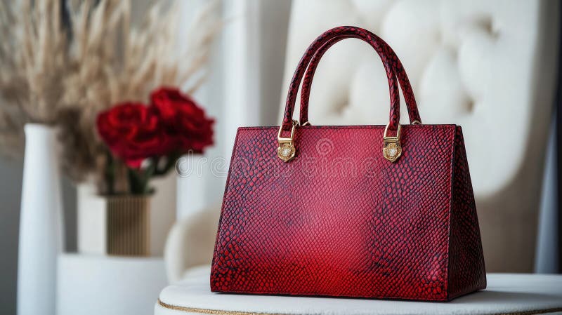 Red Leather Snakeskin Handbag with Gold Hardware Sitting on Table Stock ...