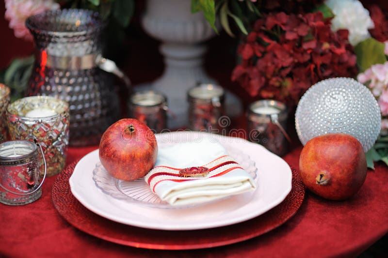 Stylish Red Table Set for Wedding Party Stock Image - Image of event ...