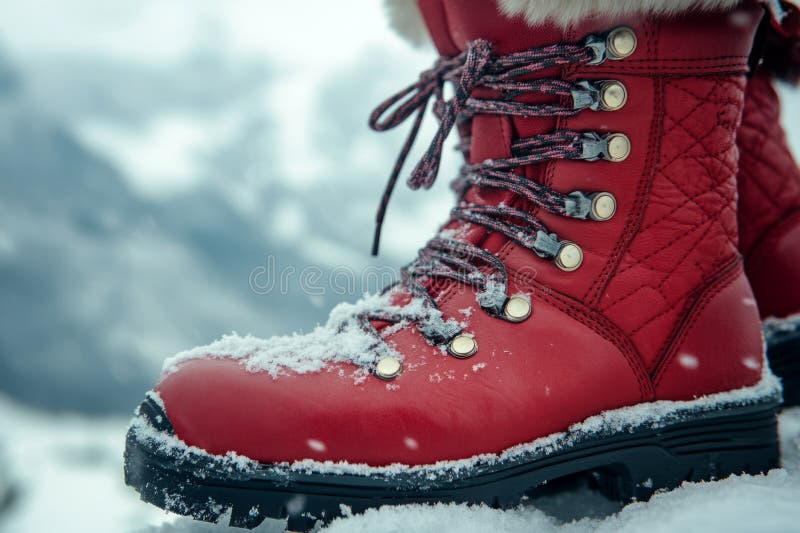 Stylish Red Winter Boots Standing on Fresh Snow with a Scenic Mountain ...