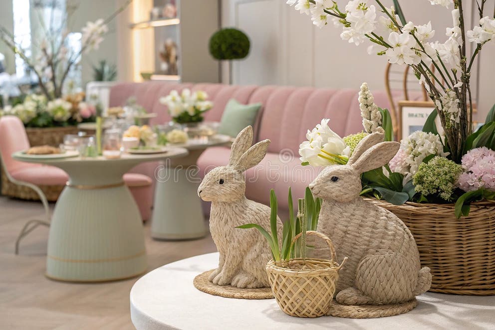 A Stylish and Refined Easter Setting with Soft Neutrals, Woven Rabbit Sculptures, and Fresh ...