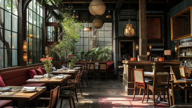 Stylish Restaurant Interior with Natural Light and Lush Greenery Stock Illustration ...