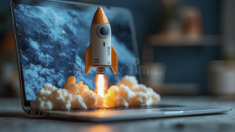 Stylish Rocket Launching Out of a Laptop Stock Illustration ...