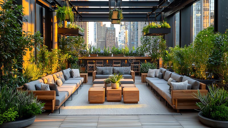 Stylish Rooftop Lounge with Greenery, Comfortable Seating, and City ...