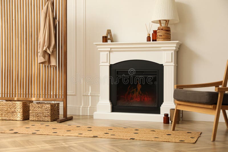 Stylish Room with Folding Screen and Fireplace. Interior Design Stock ...