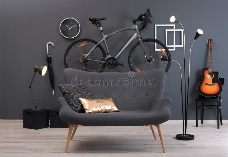 Stylish Room Interior with Bicycle Stock Image - Image of bike, hipster ...