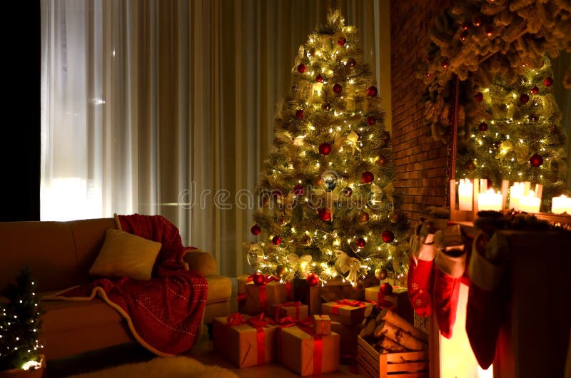 Stylish Room Interior with Christmas Tree in Evening Stock Image ...