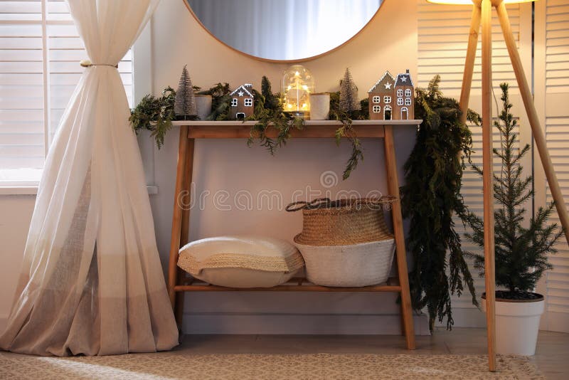 Stylish Room Interior with Mirror and Wooden Console Table Near Wall ...