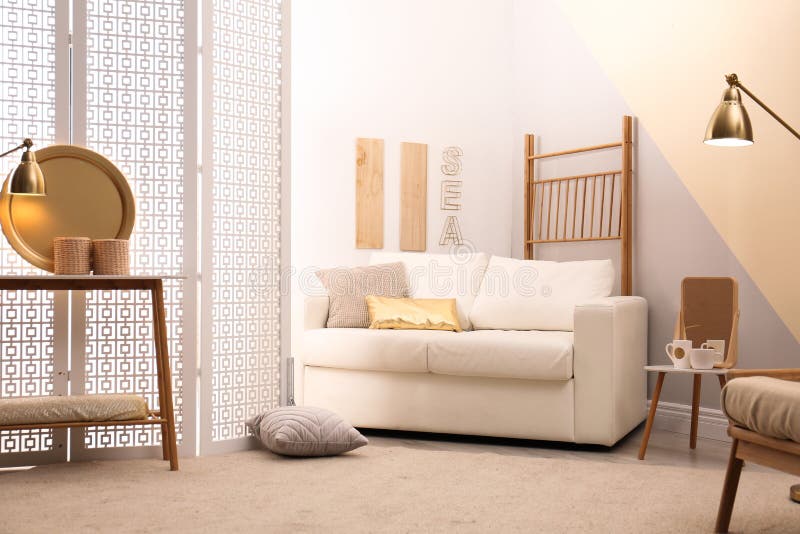 Stylish Room Interior with Folding Screen and Sofa Stock Image - Image ...