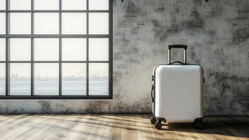 In a Stylish Room with Large Windows, a Modern White Suitcase Stands ...