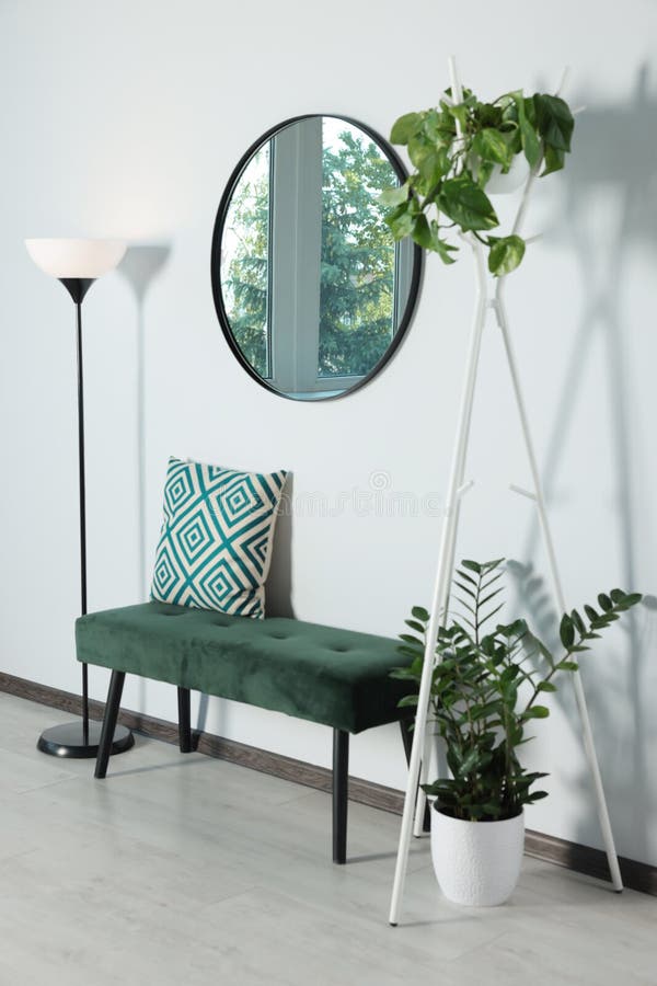 Stylish Round Mirror on White Wall Over Bench in Room Stock Image ...