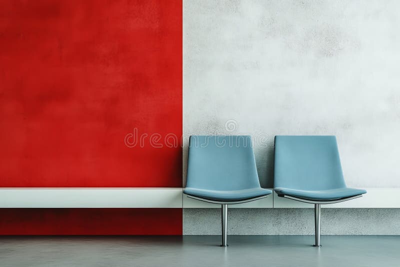 Stylish Salon Waiting Room with Blue Sofas and Red Shelves on a Modern ...