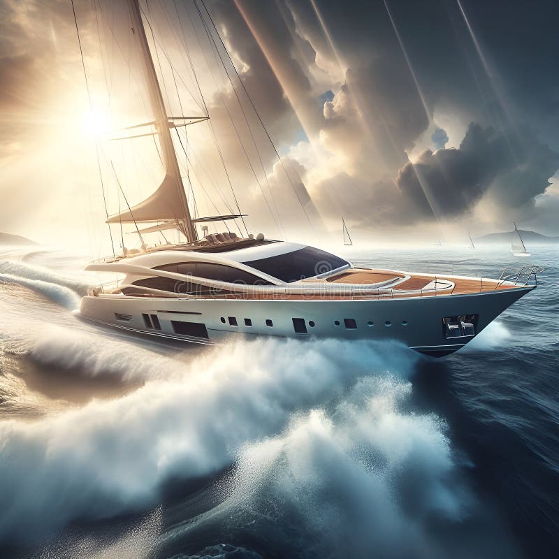 A Stylish Sea Yacht with a Streamlined Shape Cuts through Water Surface ...