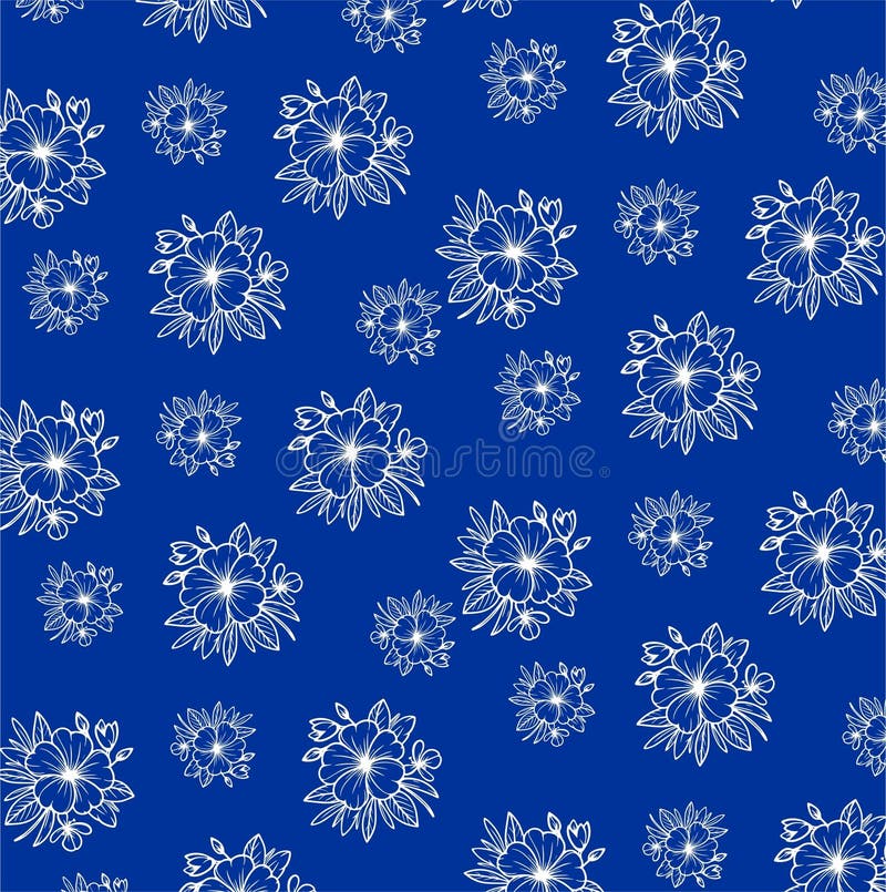 Seamless White Floral Outline Pattern on Royal Blue Background Stock ...