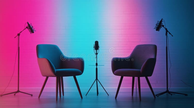 Two Modern Chairs and a Microphone Set Up for a Podcast Recording in ...