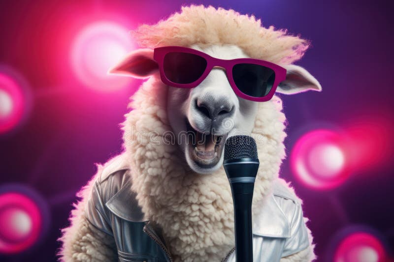 Stylish Sheep Superstar Sings into the Microphone on Stage, Neon ...