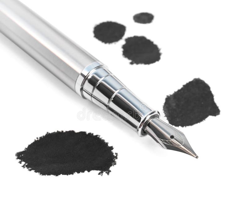 Stylish Silver Fountain Pen and Blots of Ink on White Stock Image ...