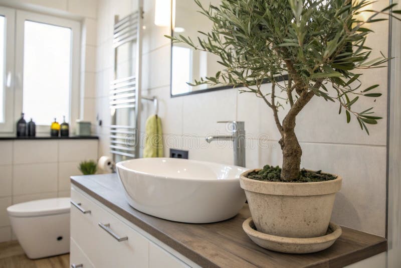 Stylish Sink and Decorative Olive Tree in Modern Bathroom Stock ...