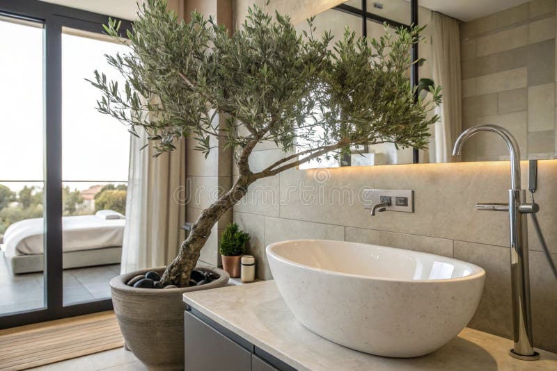 Stylish Sink and Decorative Olive Tree in Modern Bathroom Stock ...
