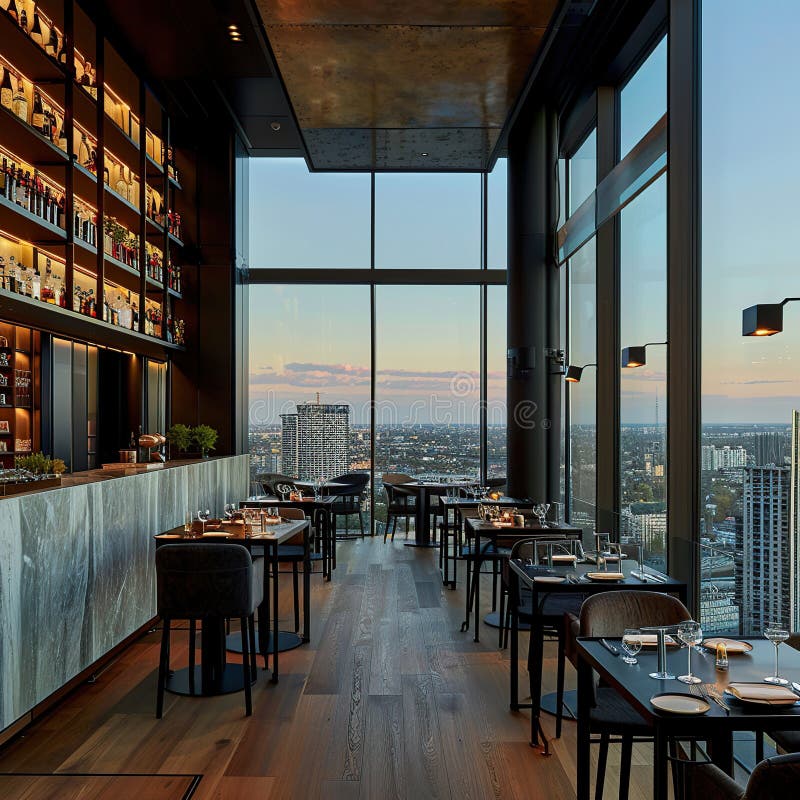 Stylish Sky High Restaurant with Panoramic Cityscape Views and Modern ...