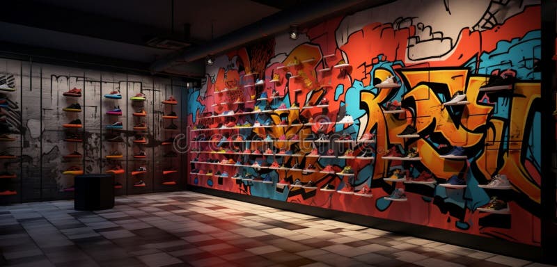 A Stylish Sneaker Shop with a 3D Urban Graffiti Wall Pattern, Stock ...
