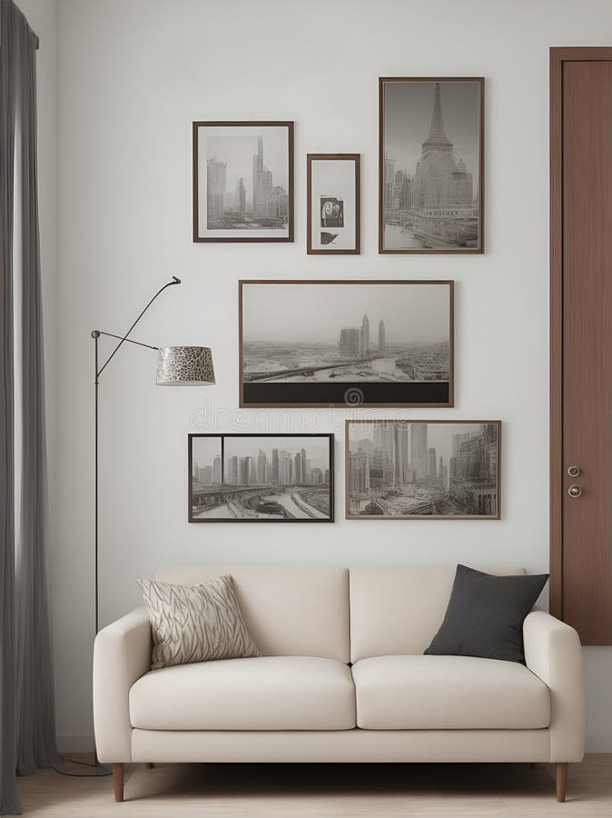 A Stylish Sofa with a Photo Frame Above it in Center Stock Illustration ...