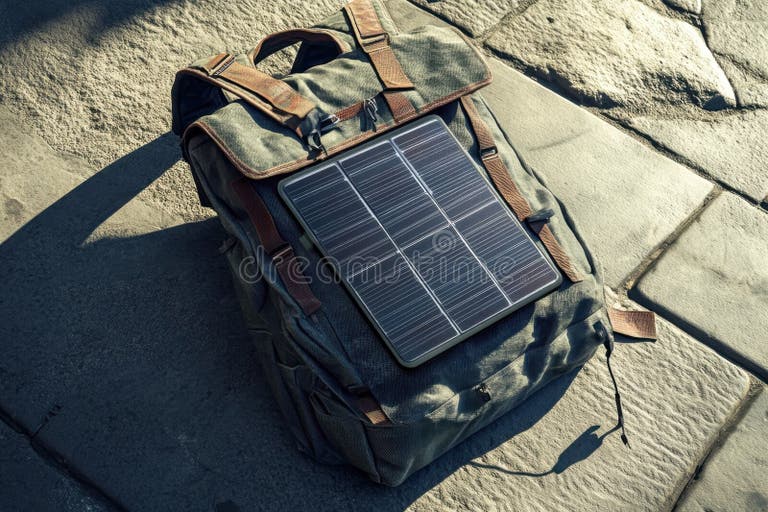 Stylish Solar Backpack Resting on Stone Pavement in Bright Sunlight ...