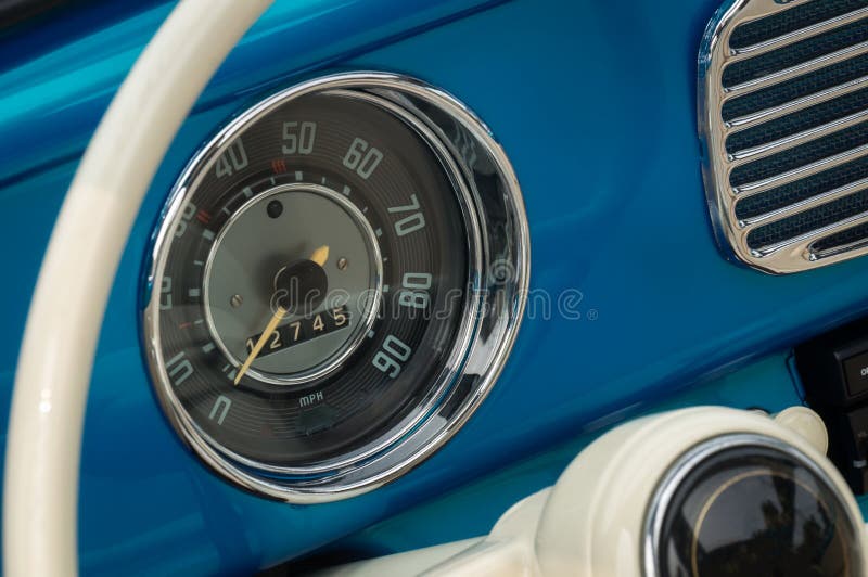 Stylish Speedometer Dial on the Front Panel of Blue Old Timer Car Stock ...