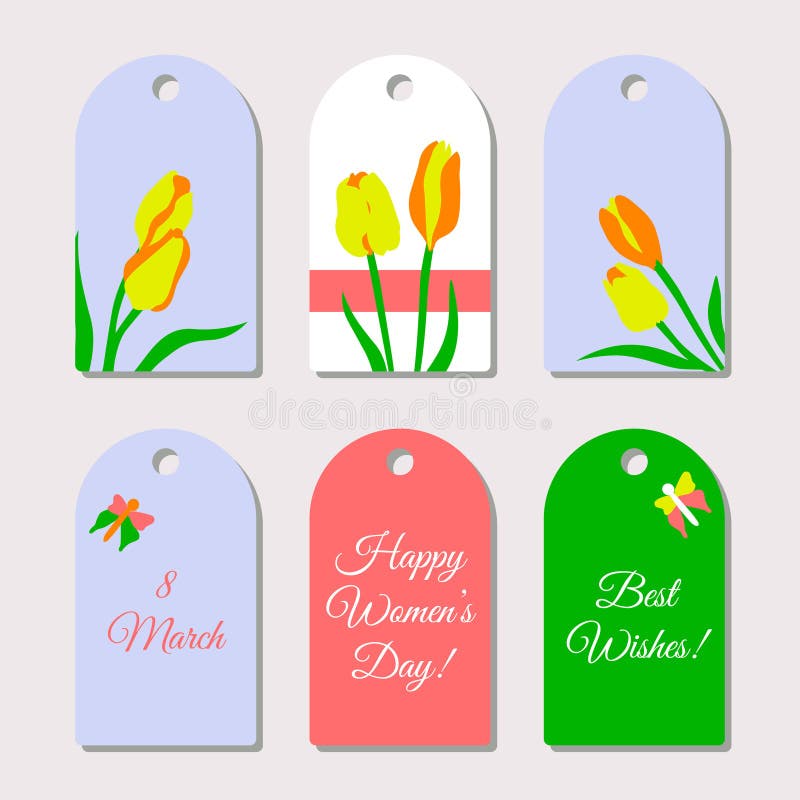 Stylish Spring Tag Set with Tulip and Butterfly. Stock Vector ...