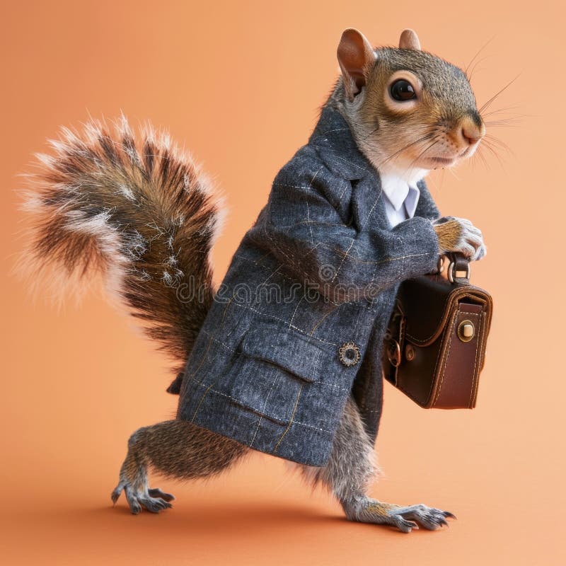 Stylish Squirrel Dressed in Suit, Carrying Briefcase on Solid Orange ...