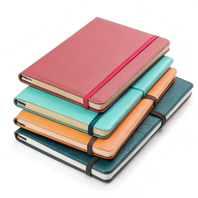 Stylish Stack of Designer Notebooks Isolated on White Background Stock ...