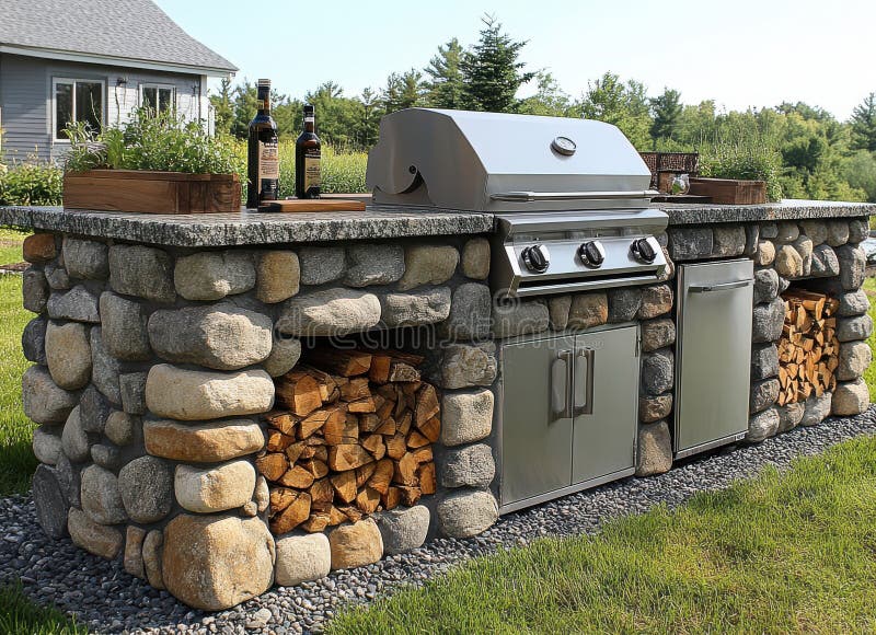 Stylish Stone Outdoor Kitchen Featuring a Grill and Mini Refrigerator ...
