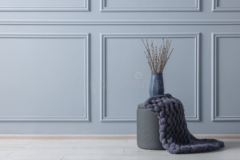 Stylish Stool and Vase Near Light Grey Wall Indoors, Space for Text ...