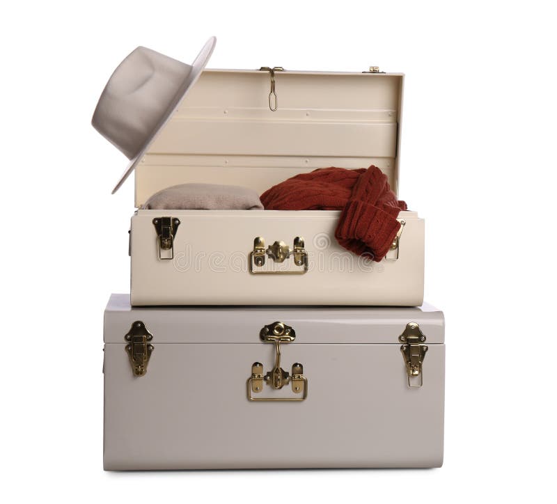 Stylish Storage Trunks with Clothes Isolated Stock Image - Image of ...