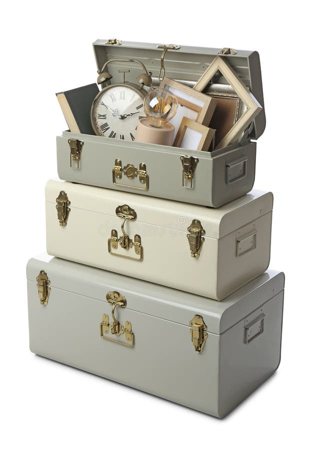 Stylish Storage Trunks with Different Interior Elements on White ...
